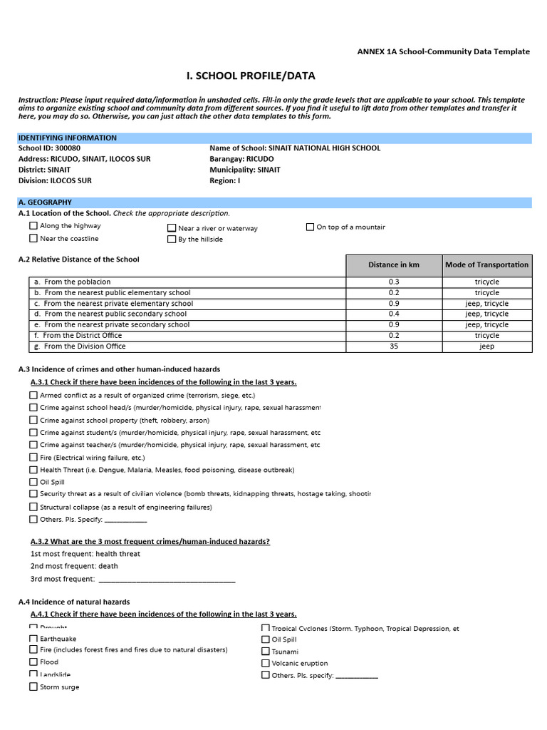 SIP Annex 1A School Community Data Template 10302015 | PDF | Natural Hazards | Hazards