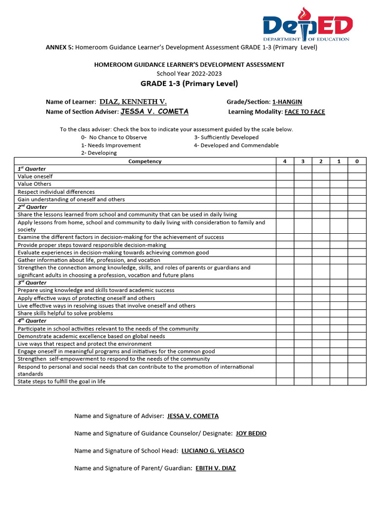 ANNEX 5 Homeroom Guidance Learners Development Assessment GRADE 3 | PDF ...