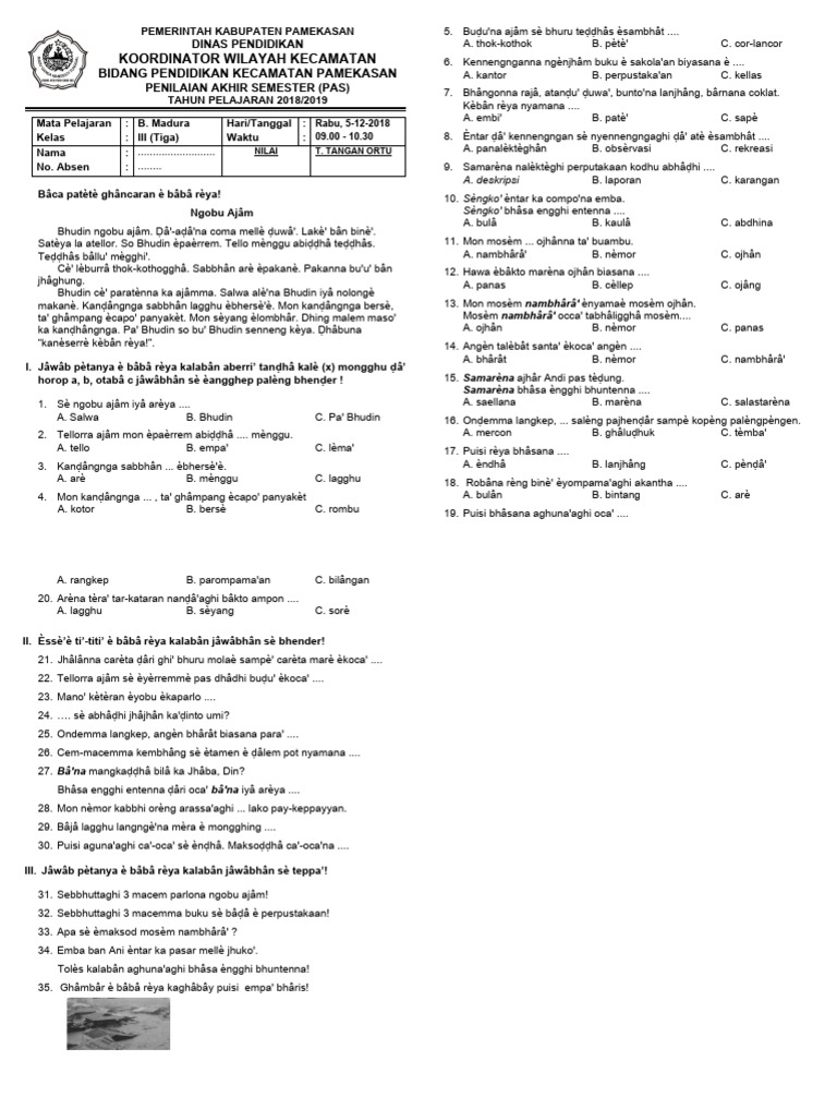 Soal Pas B. Madura Kls III 2018 | PDF