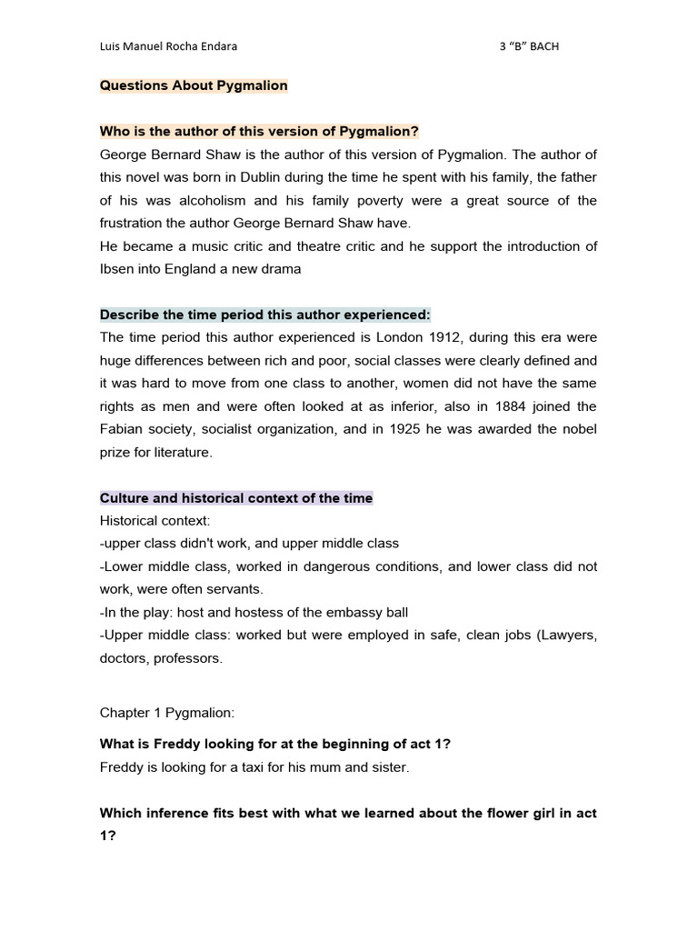 Questions About All The Acts of Pygmalions | PDF | Pygmalion (Play)