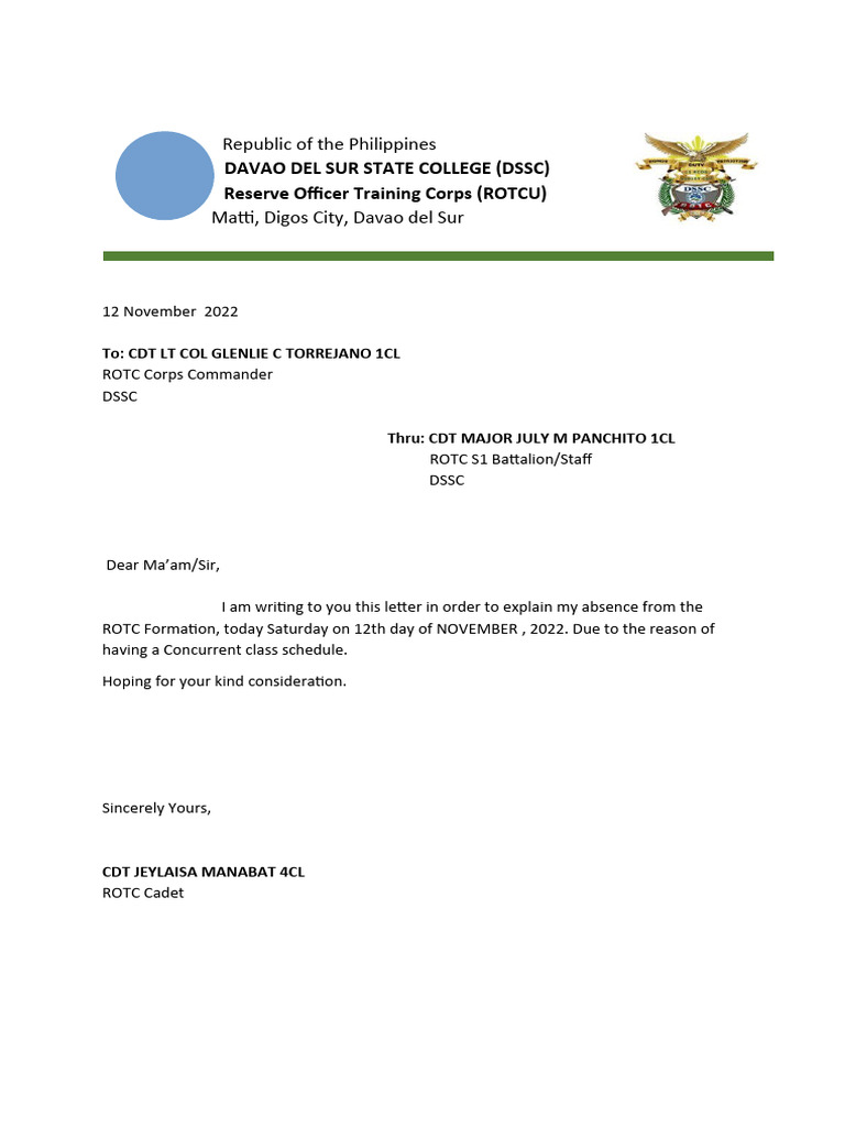 Rotc Excuse Letter-Final-Form | PDF