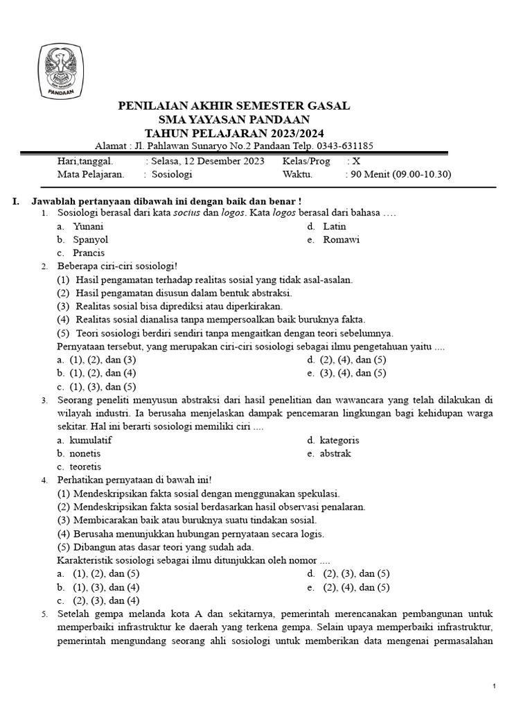 Soal PAS Sosiologi Kelas X | PDF