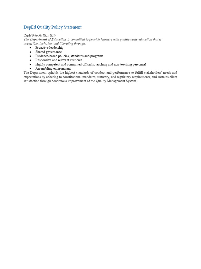 Deped Quality Policy Statement | PDF