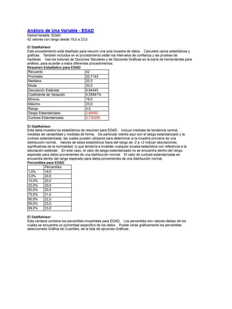Análisis de Una Variable - Edad: El Statadvisor | PDF | Desviación Estándar | Distribución normal