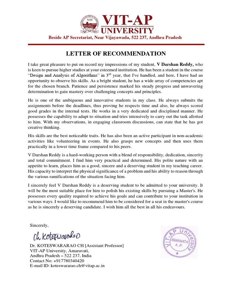 LOR - V Darshan Reddy | PDF