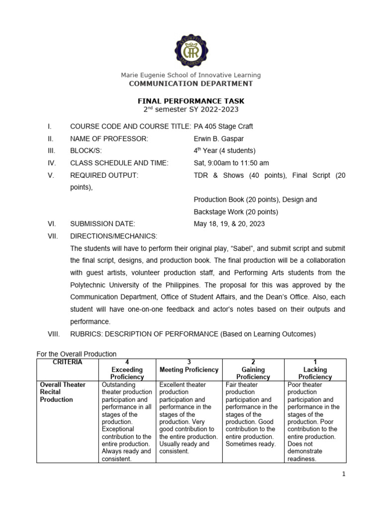 PA 405 Stage Craft Final Performance Task May 2023 | PDF | Thought ...