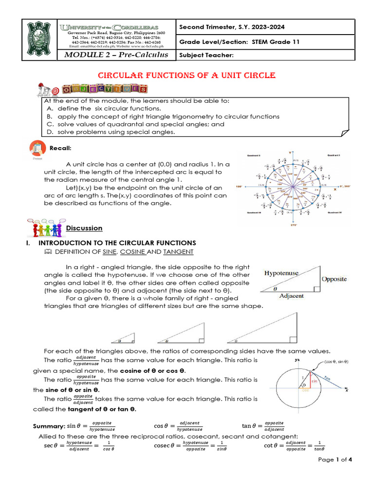 Circular Functions of A Unit Circle: MODULE 2 - Pre-Calculus | PDF ...