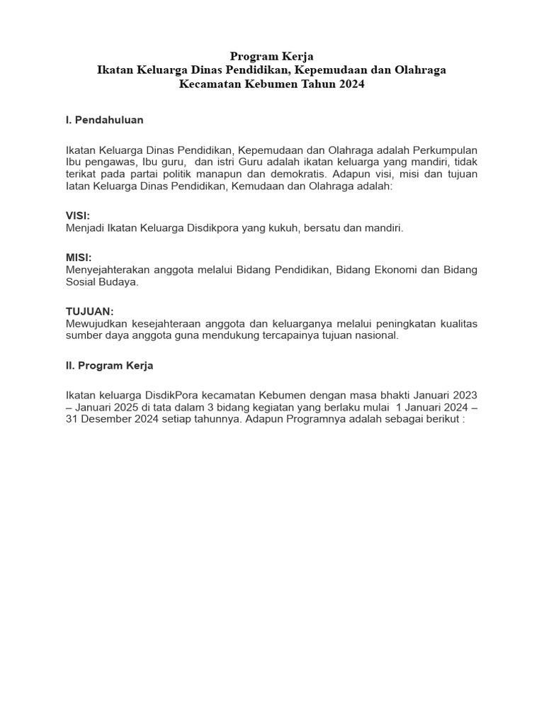 Program Kerja Disdikpora Kebumen 2024 | PDF