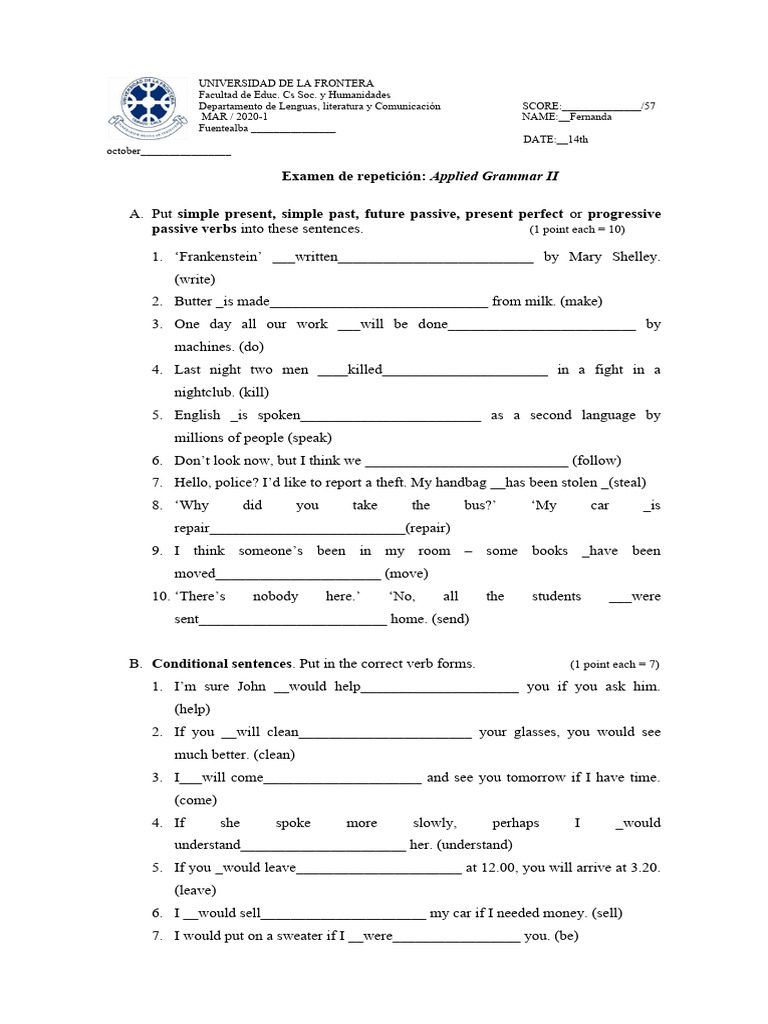 Examen Grammar | PDF | Language Mechanics | Grammar
