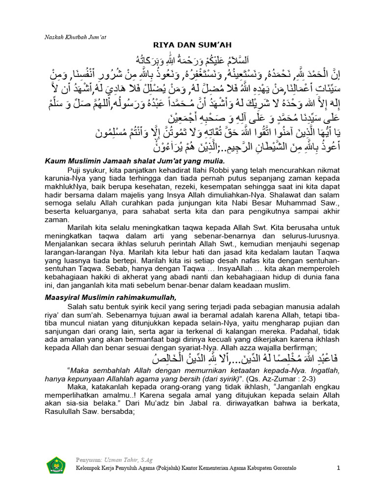 Khutbah Jum'at Riya Dan Sum'ah | PDF