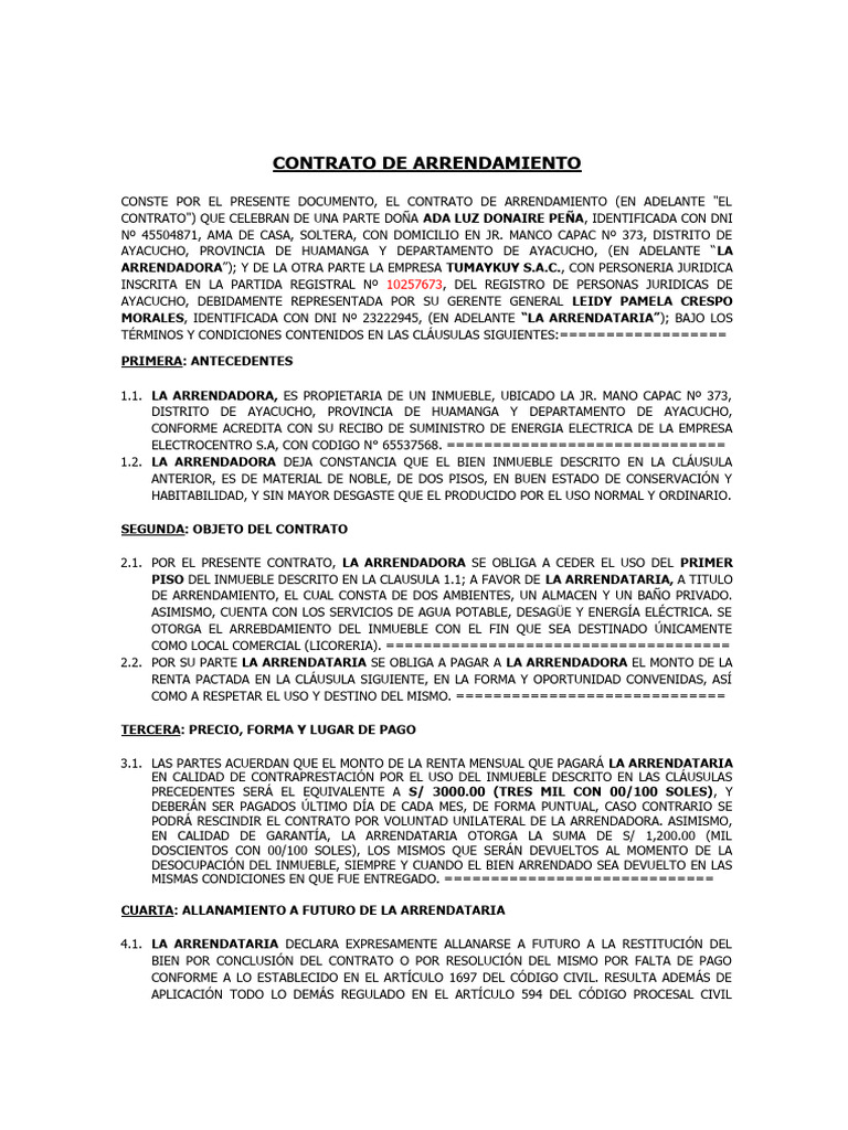 Contrato de Arrendamiento Tumaykuy Extra Paso 11 | Descargar gratis PDF | Ley común | Derecho ...