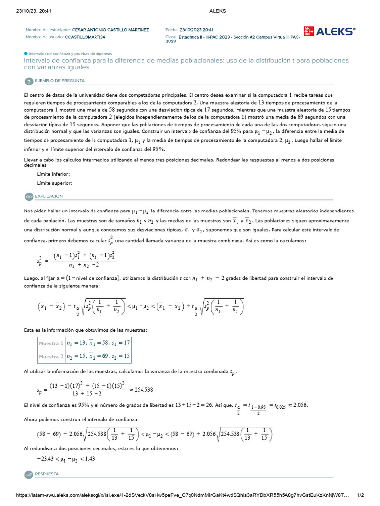 ALEKS | PDF | Intervalo de confianza | Desviación Estándar