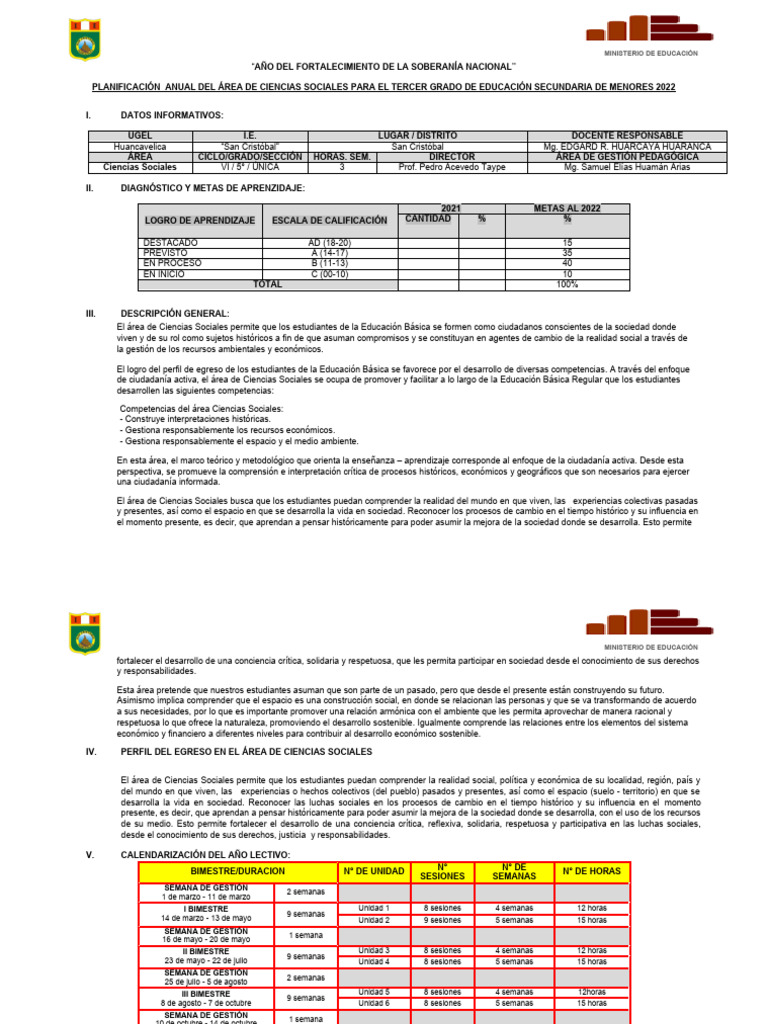 Plan Anual Ciencias Sociales 3° Secundaria | PDF | Aprendizaje ...