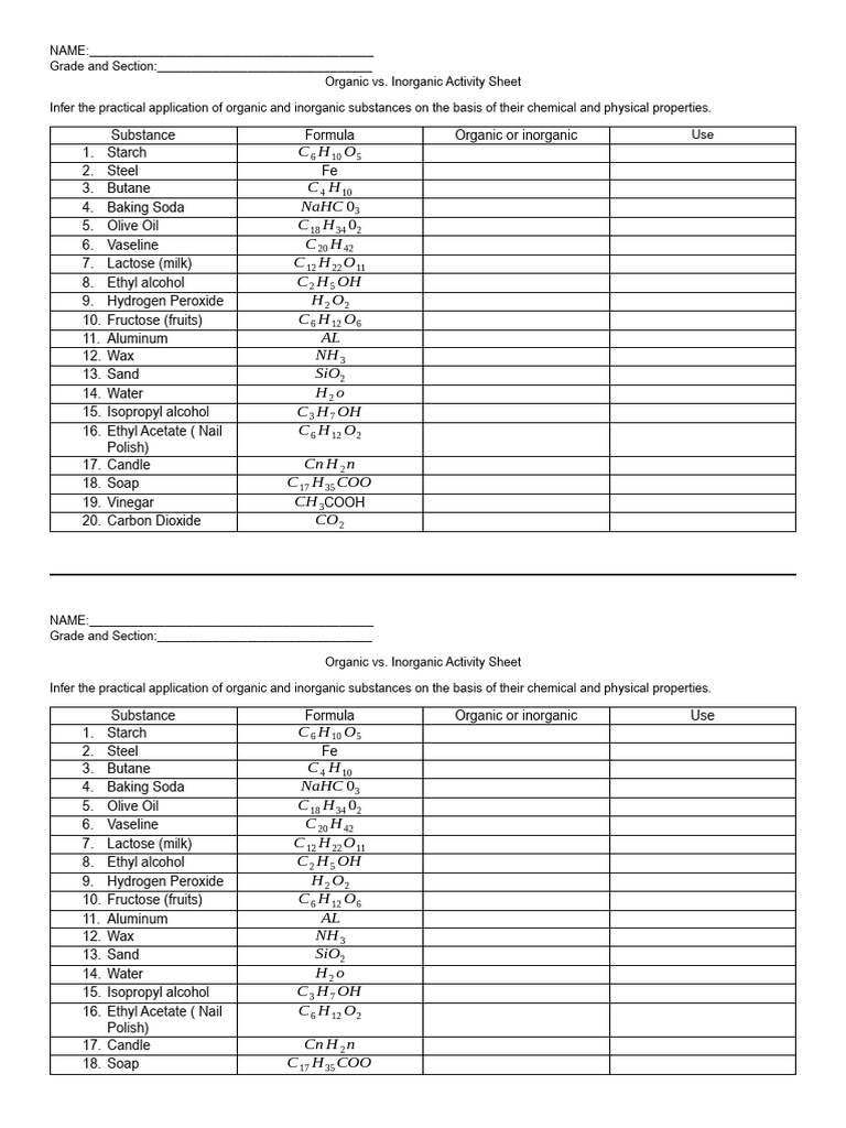Organic vs. Inorganic Substances Guide | PDF | Organic Compounds | Ethanol