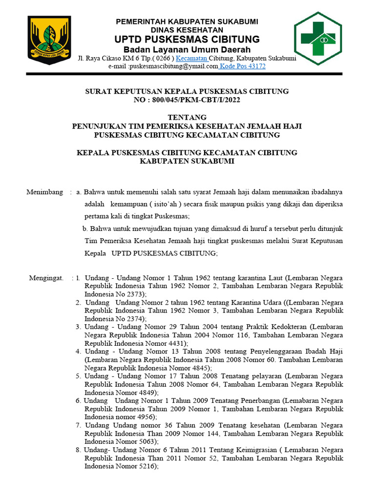 Contoh SK Tim Haji Puskesmas | PDF