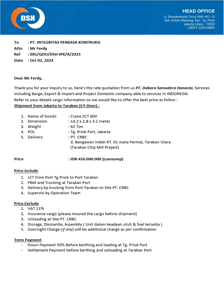 Quotation Shipment From Jakarta To Tarakan - Okt 2023 (DSH-IPK) | PDF