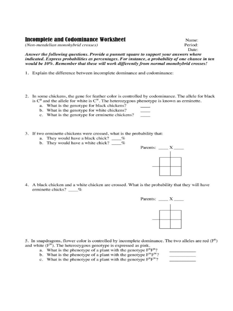 Incomplete and Codominance Worksheet | PDF