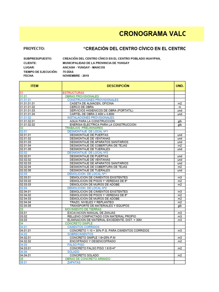 Cronograma Valorizado de Avance de Obra Centro Civico Final-Ok | PDF | Fundación (Ingeniería ...