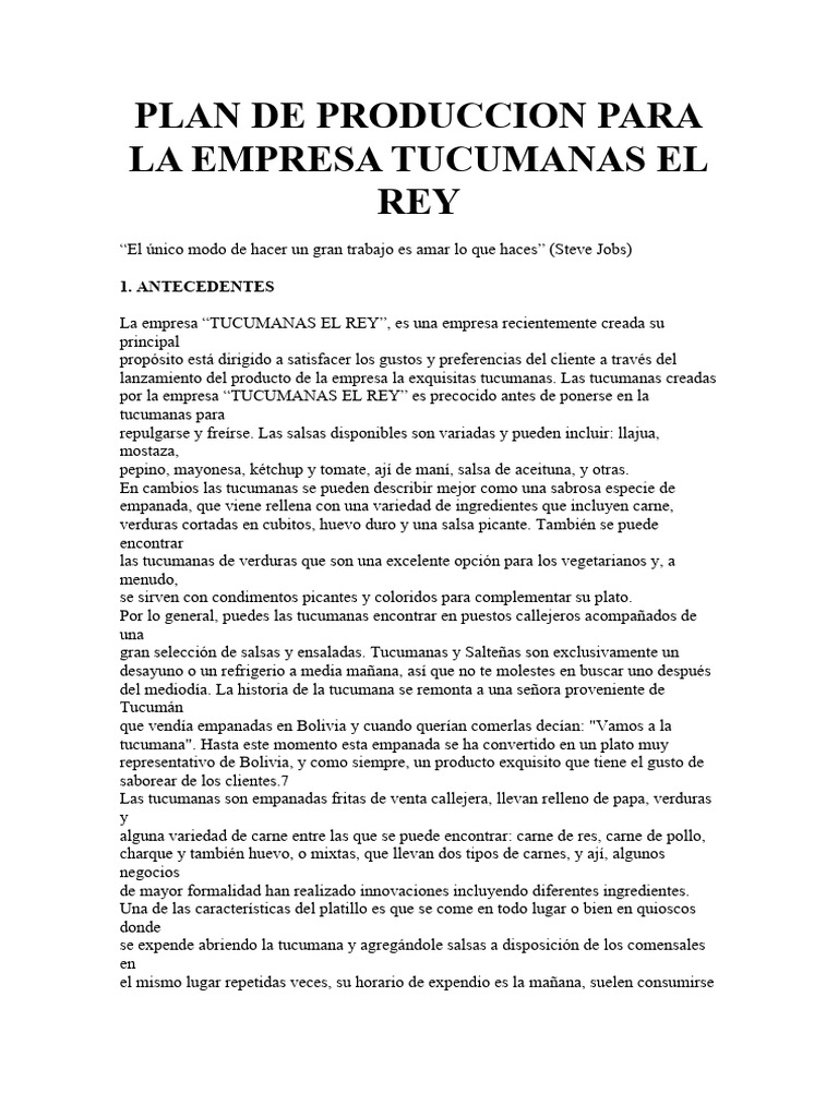 Plan de Produccion para La Empresa Tucumanas El Rey | PDF | Business ... Plan de Produccion para La Empresa Tucumanas El Rey | PDF | Business ...