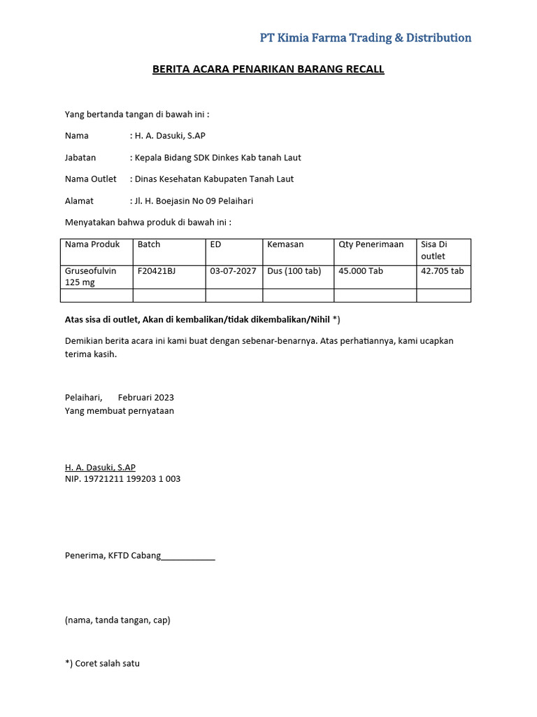 Berita Acara Penarikan Barang Recall | PDF