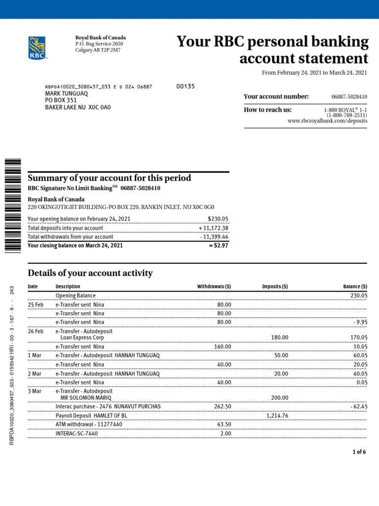 Your RBC Personal Banking Account Statement | PDF | Trademark | Banks