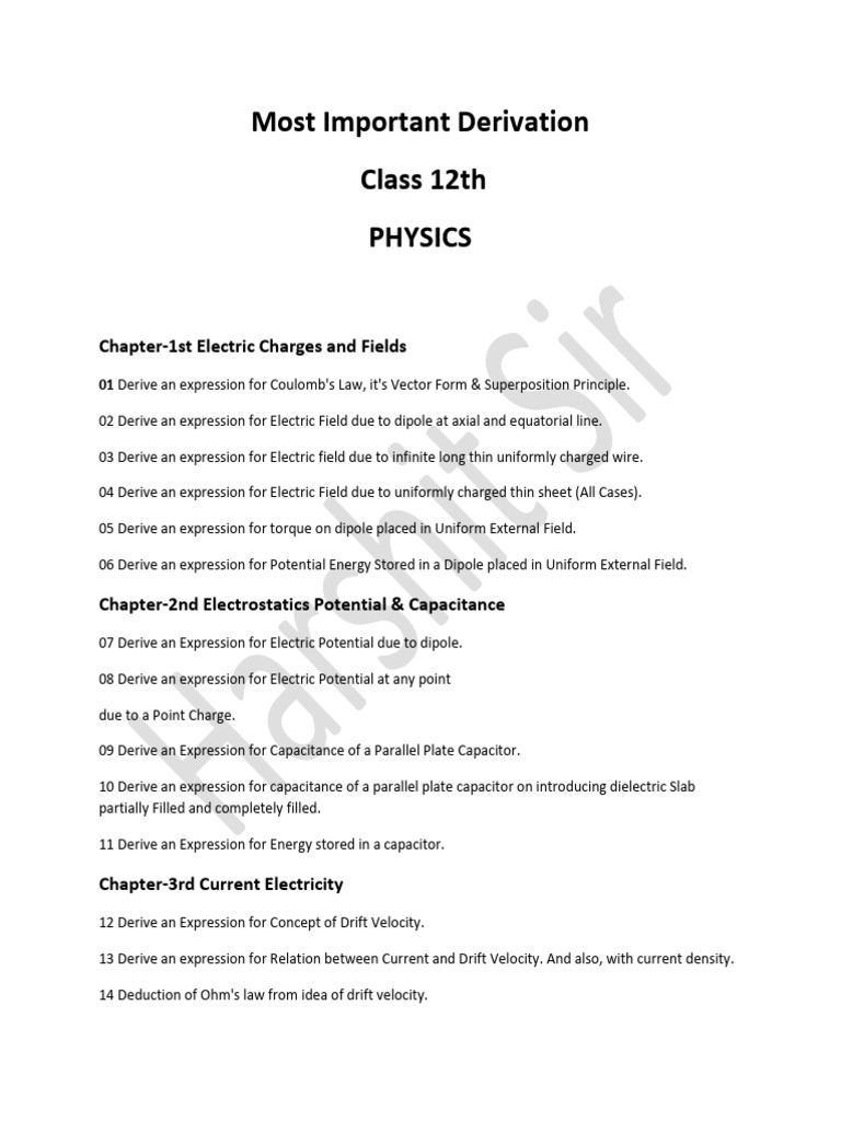 12th Physics Important Derivation Harshit Sir | PDF | Optics | Magnetic Field