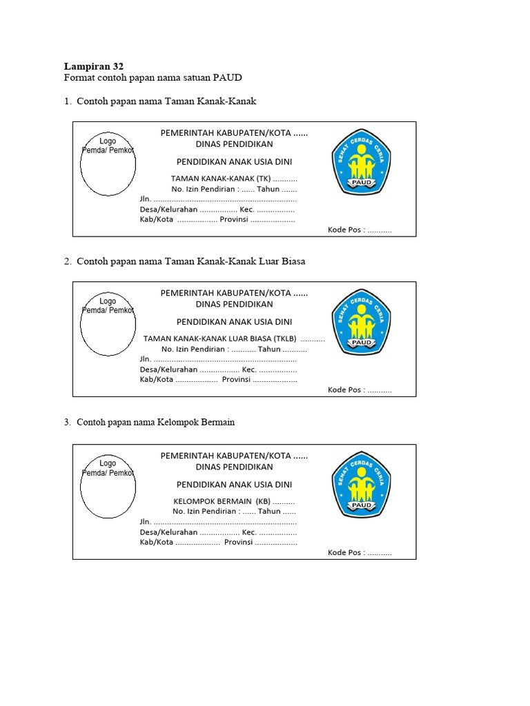 Contoh Papan Nama PAUD dan TK | PDF