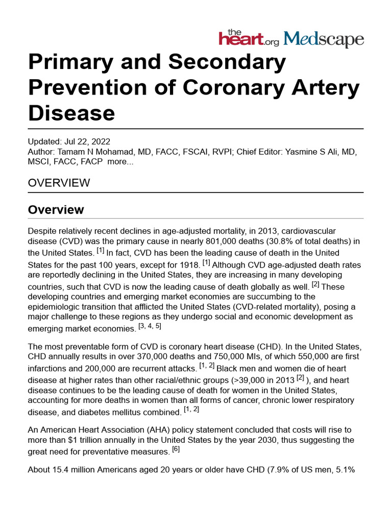 Primary and Secondary Prevention of Coronary Artery Disease - Overview ...