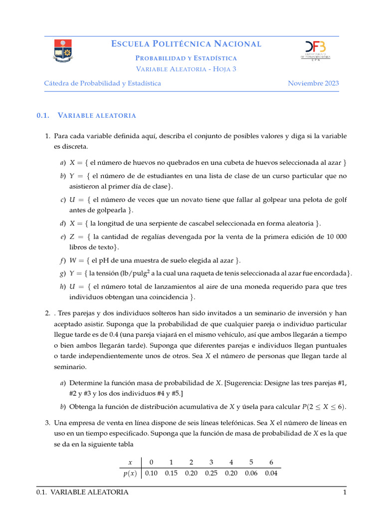 Hoja de Ejercicio 3 | PDF | Variable aleatoria | Probabilidad