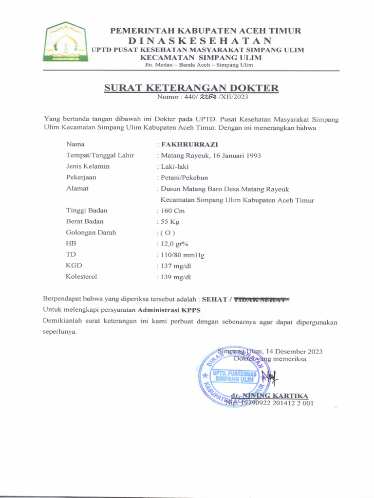 Surat Sehat Fahron | PDF