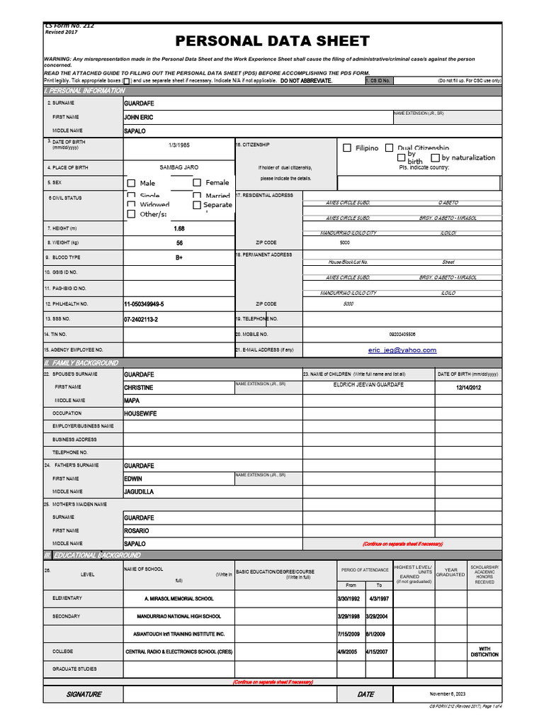 CS Form No. 212 Personal Data Sheet Revised | PDF | Government | Social ...