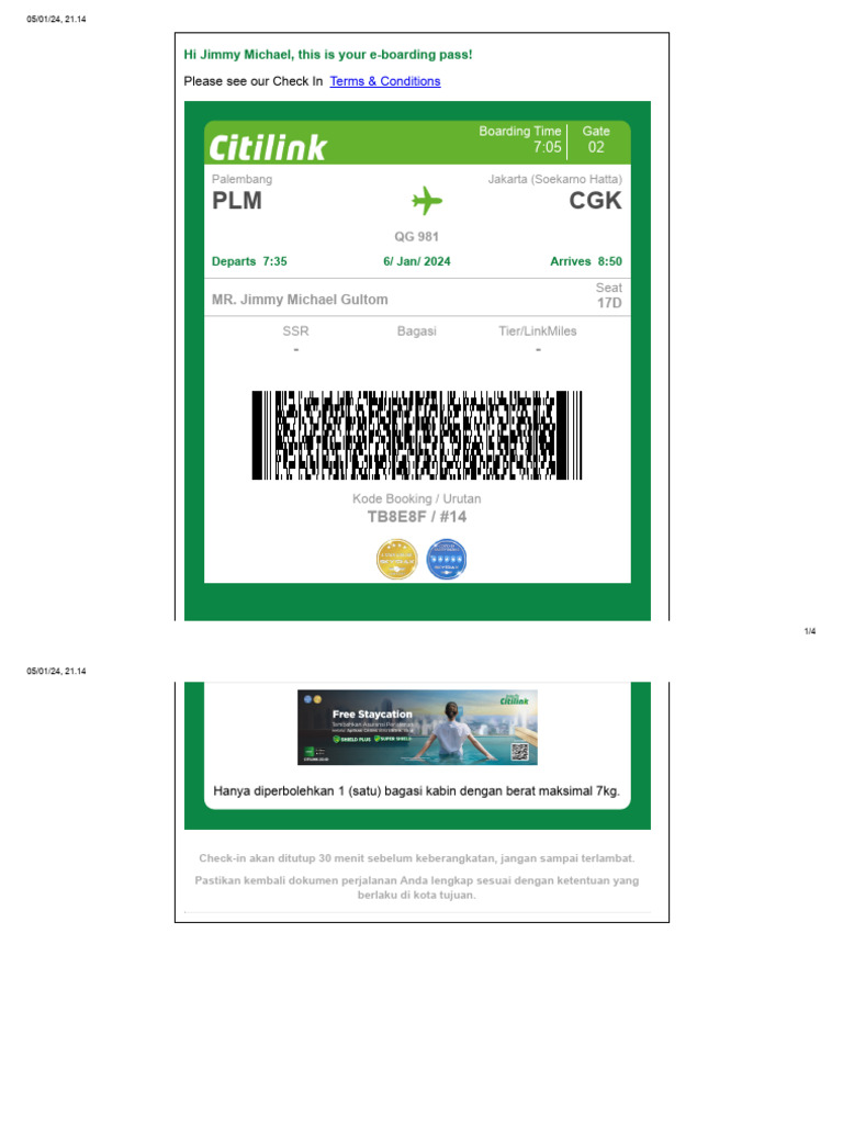 Boarding Pass 6 Januari 2023 Reschedule | PDF