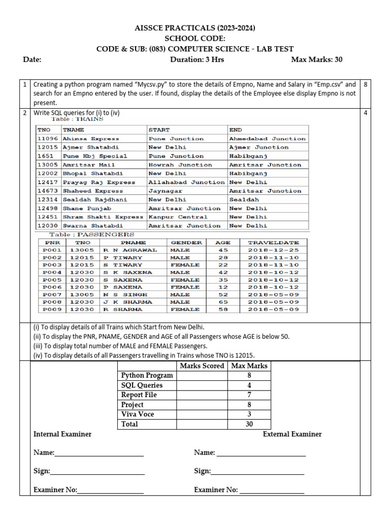 AISSCE PRACTICALS (2023-2024) School Code: Code & Sub: (083) Computer ...