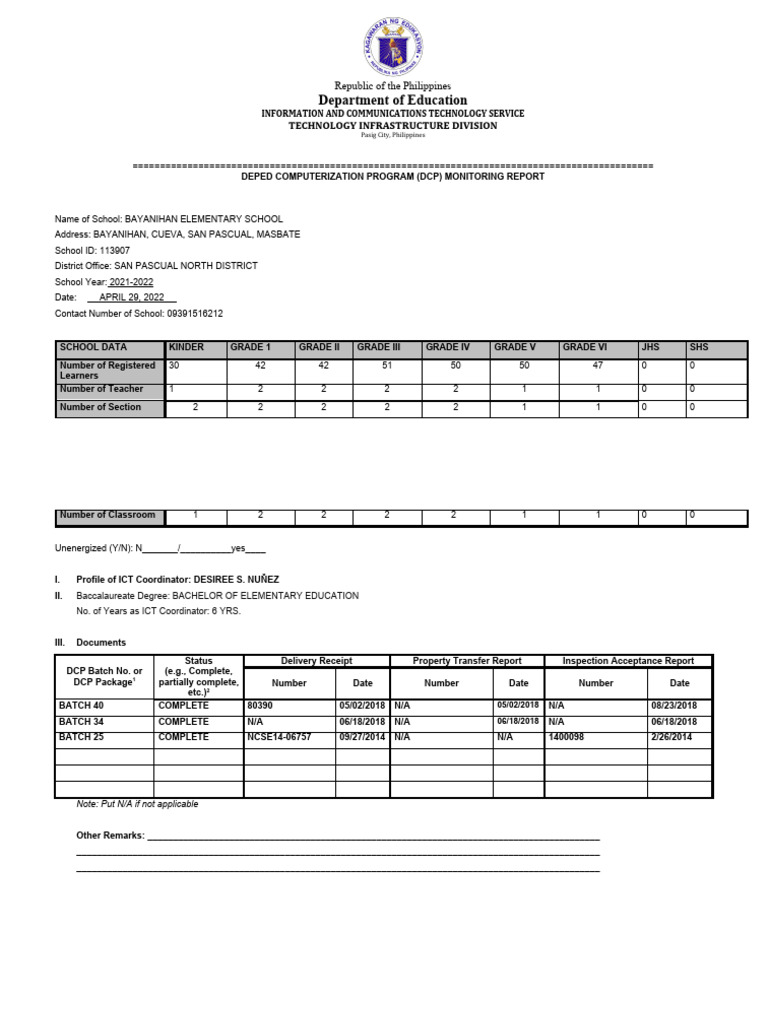 DCP Monitoring Report: Bayanihan School | PDF | Educational Technology | Laptop