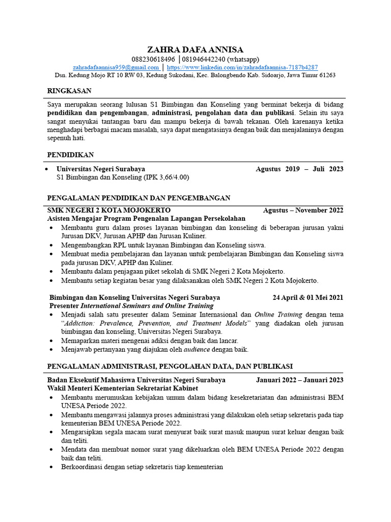 CV - Zahra Dafa Annisa | PDF