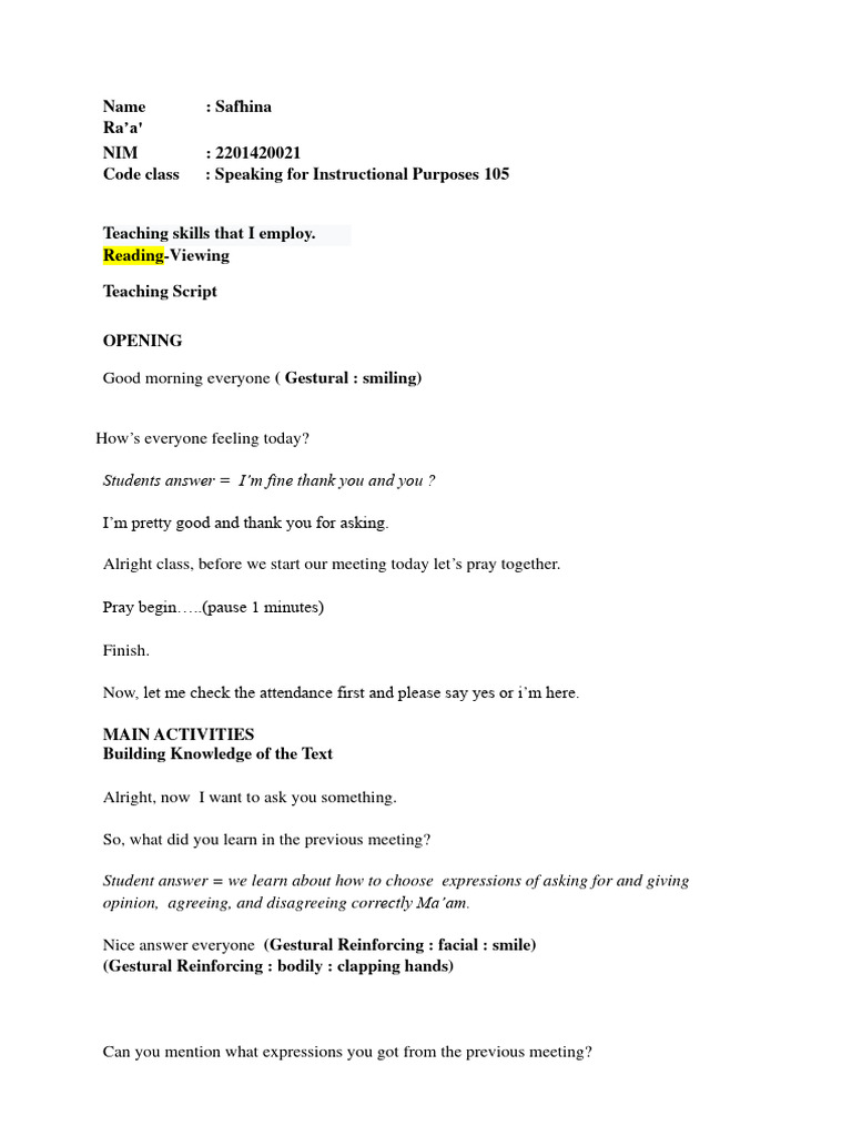 Teaching Script Example in English | PDF | Human Communication | Cognition