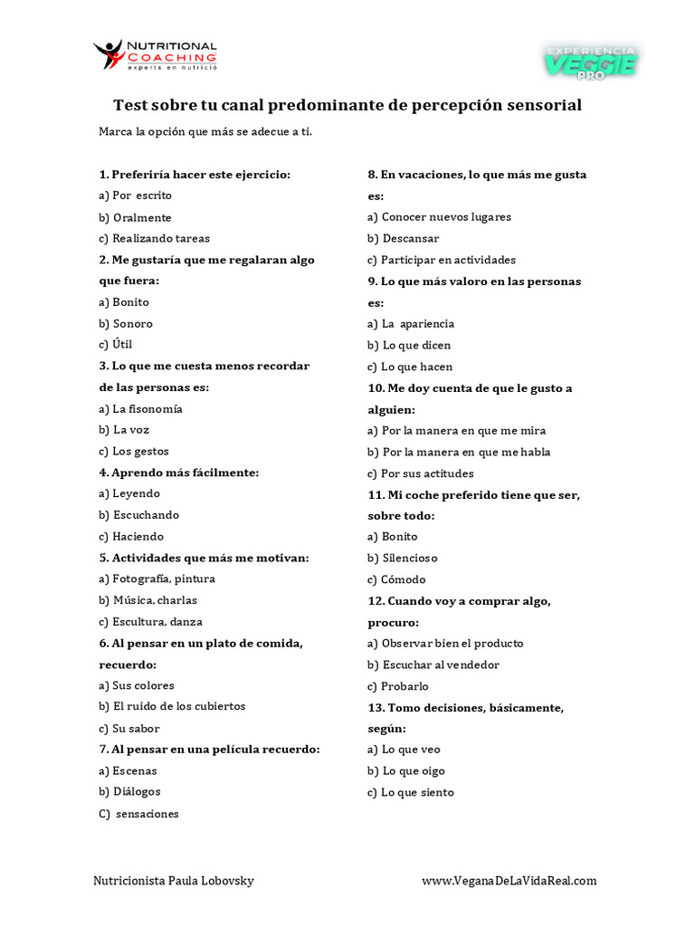Test Sobre Tu Canal Predominante de Percepción Sensorial: Nutricionista ...