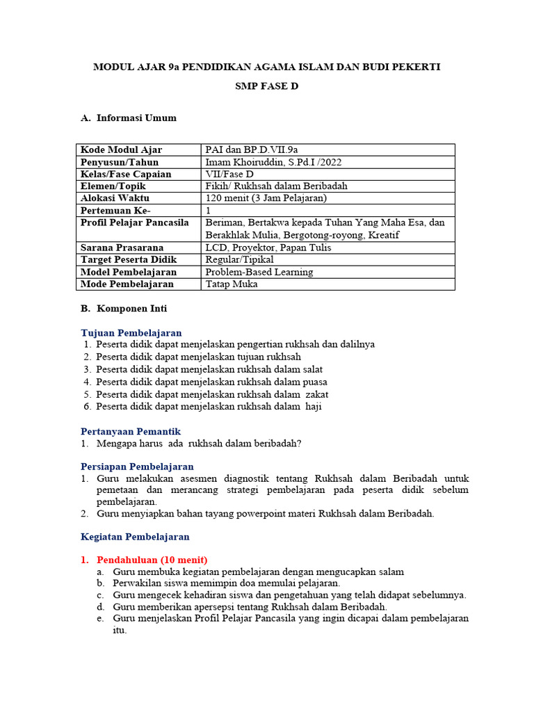 Modul Ajar Pai Dan BP SMP Kelas Vii Bab 9 | PDF