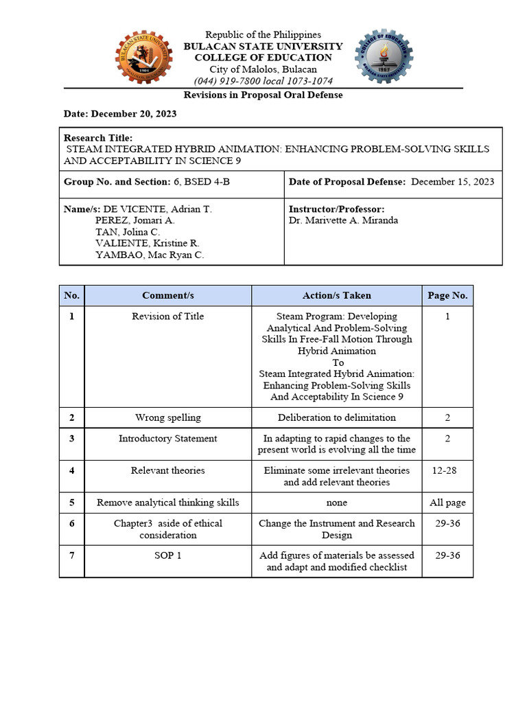 Revisions in Proposal Oral Defense 1 | PDF