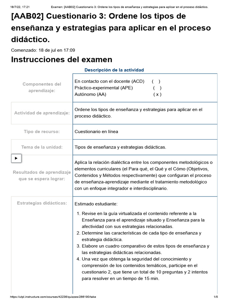 Examen - (AAB02) Cuestionario 3 - Ordene Los Tipos de Enseñanza y Estrategias para Aplicar en El ...
