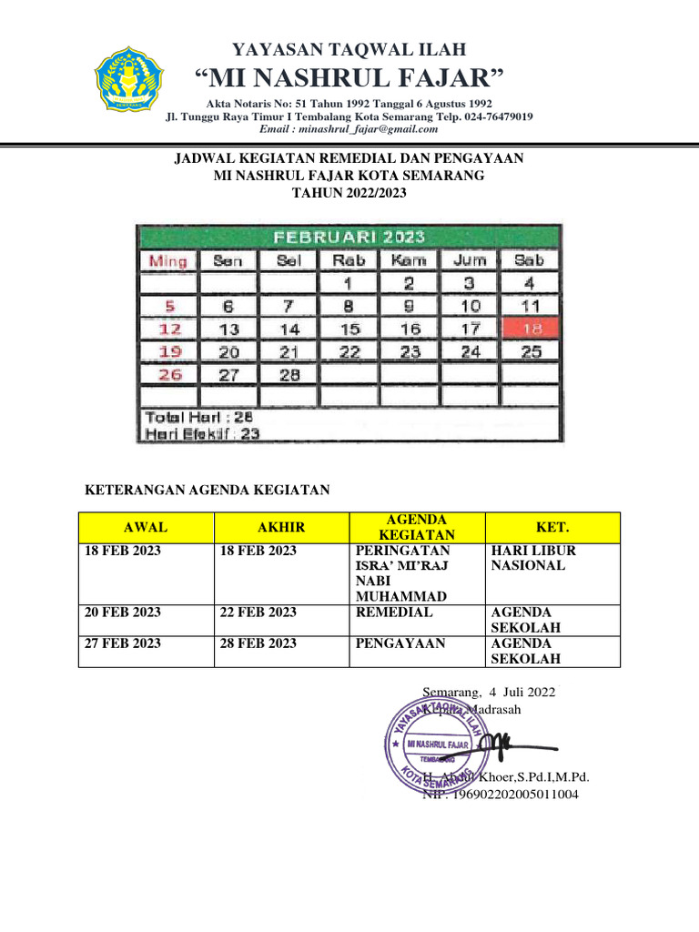 Jadwal Remedial MI Nashrul Fajar 2023/2024 | PDF