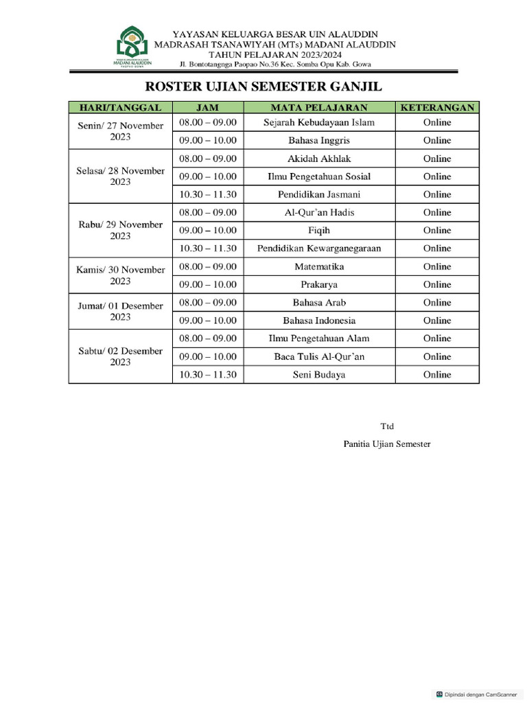 Roster Ujian Semester Ganjil 2023-2024 | PDF