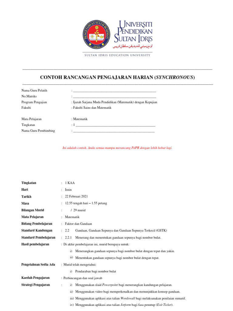 (Contoh RPH) RPH 1 (Synchronous) | PDF
