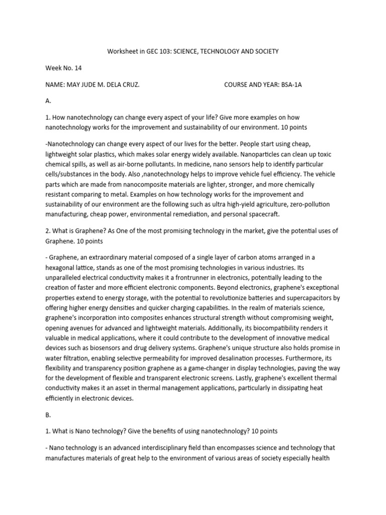 Worksheet in GEC 103 GE-WPS Office | PDF | Nanotechnology | Graphene