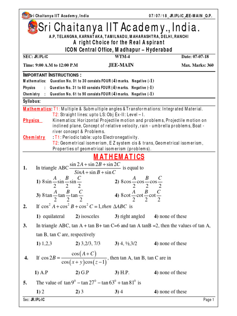 JEE Main Question Paper - Sri Chaitanya | PDF | Physical Sciences ...