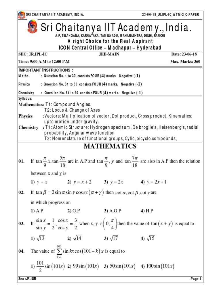 23 06 18 - JR - IPL IC - JEE MAIN - WTM 2 - Q.Paper | PDF | Acceleration | Electron
