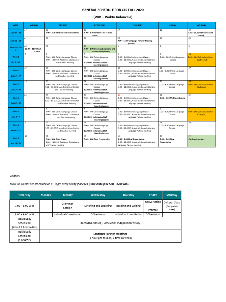 (Versi Wib) General Schedule For Cls Fall 2020 | PDF