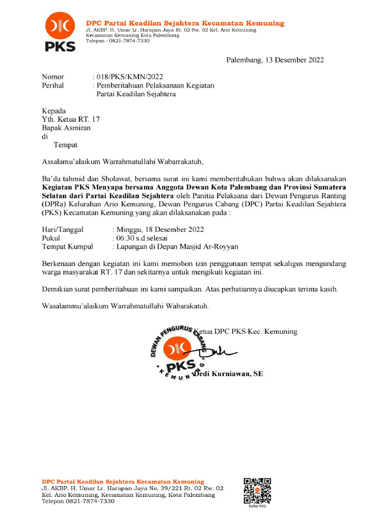 Surat Izin PKS Menyapa | PDF