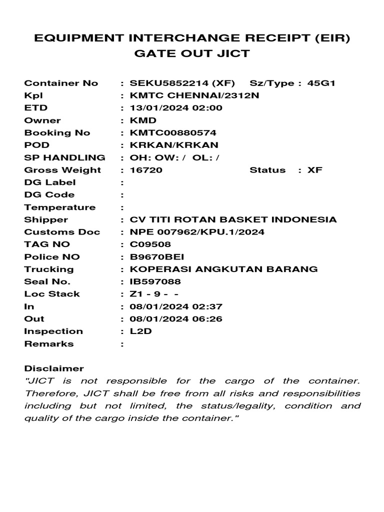 Equipment Interchange Receipt (Eir) Gate Out Jict | PDF | Business ...