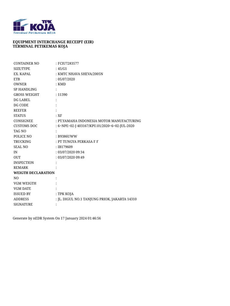 Koja Terminal Equipment Interchange Receipt | PDF